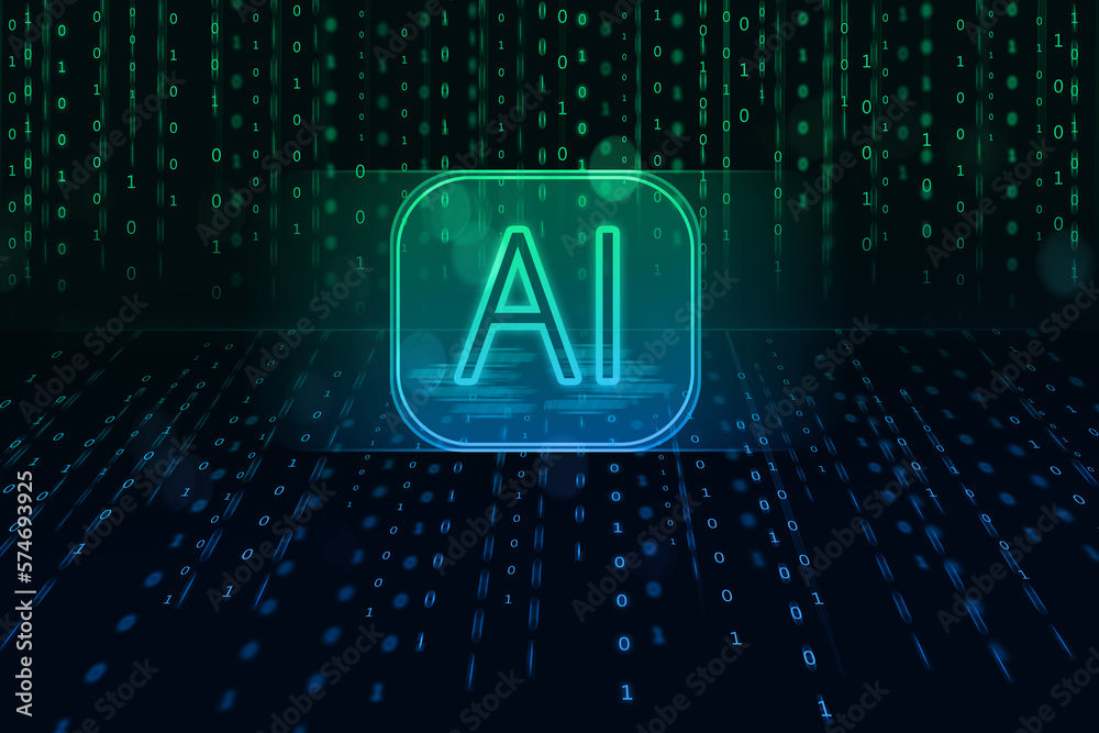 ภาพประกอบสต็อก Logo AI with abstract technology binary code sequence of ...