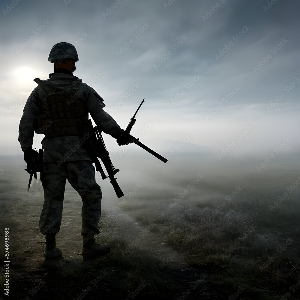 Fototapeta alone Special Forces soldier silhouette standing alone after ... Fototapeta alone Special Forces soldier silhouette standing alone after ...