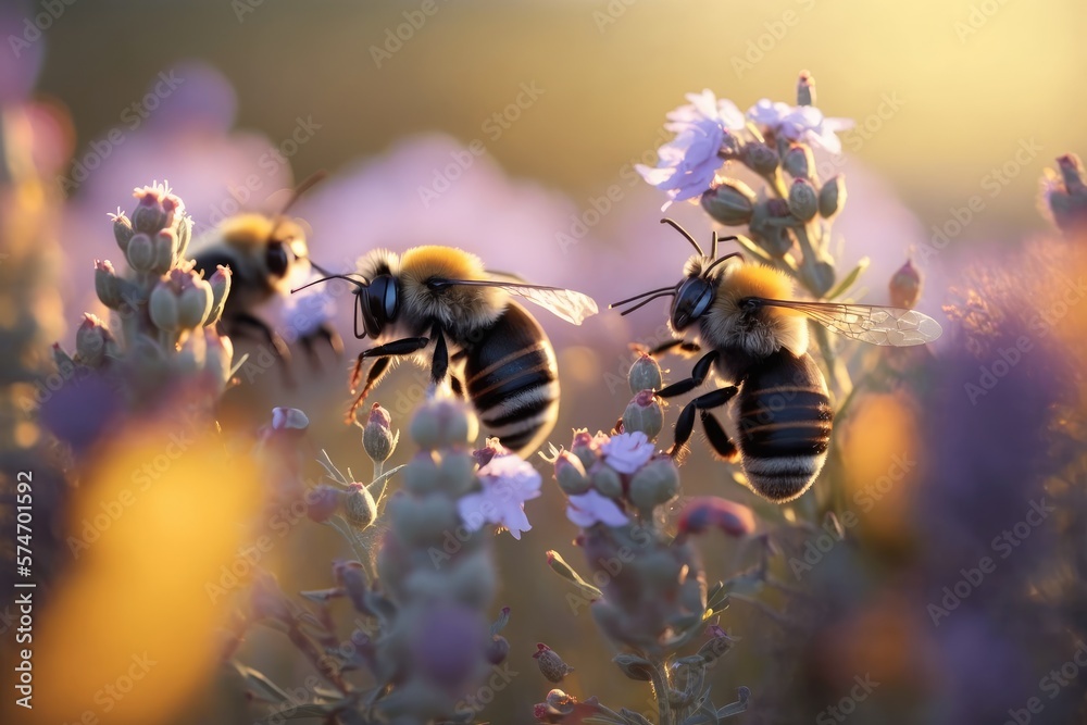 Bees pollinate flowers in a field at sunset. macro photography ...