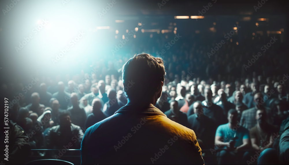 Young person Speaker or talking on stage with spotlight and many people ...