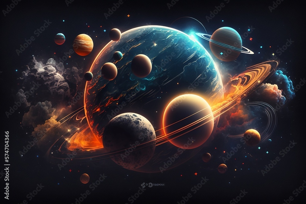 Planets in space theme background, satellites orbiting planets. The ...