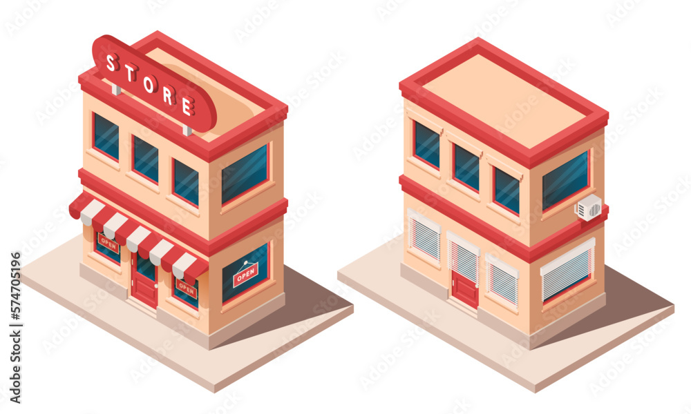 Two-story building. Two storey isometric store. Vector set isolated on ...