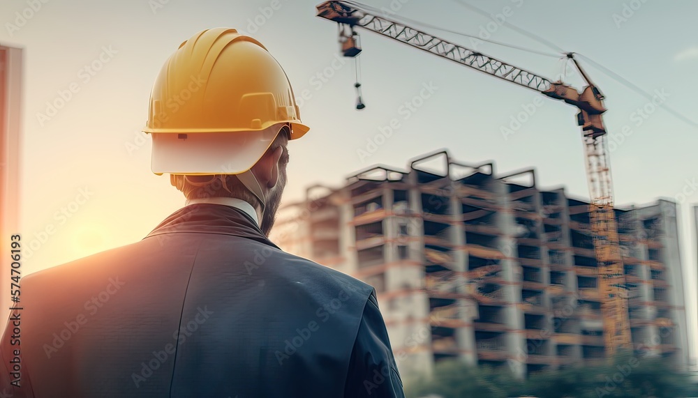 Construction concept. at back of the construction worker head which is ...