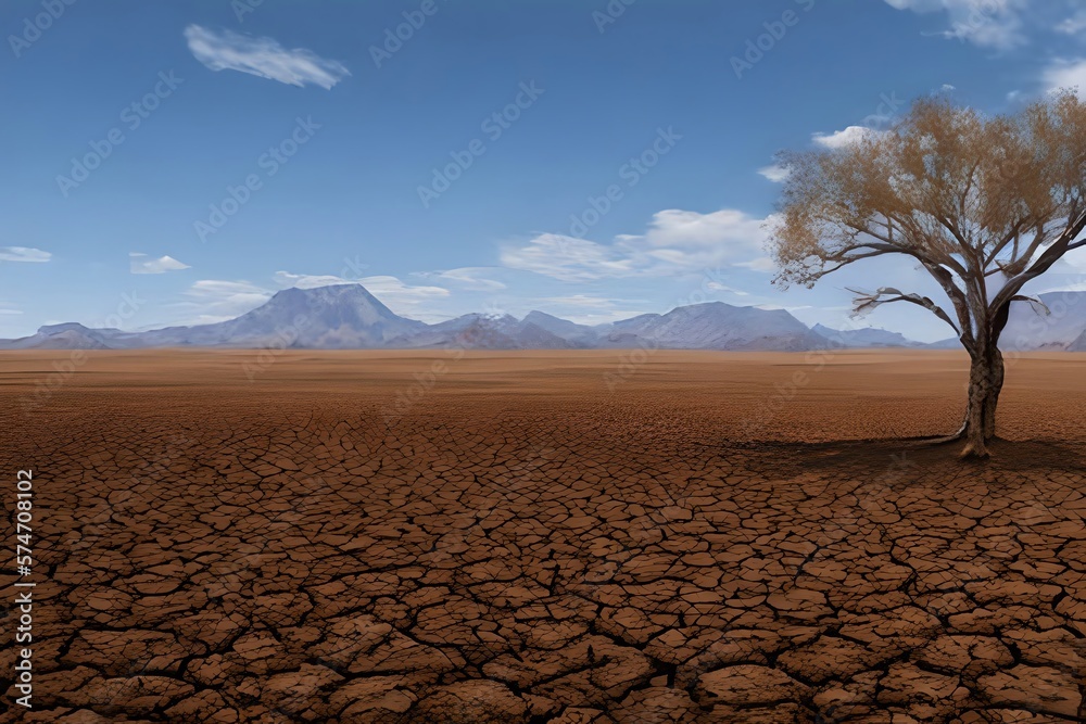 Barren Landscape Fith Crached Dried Soil, Abandoned Farm And Dead Tree ...