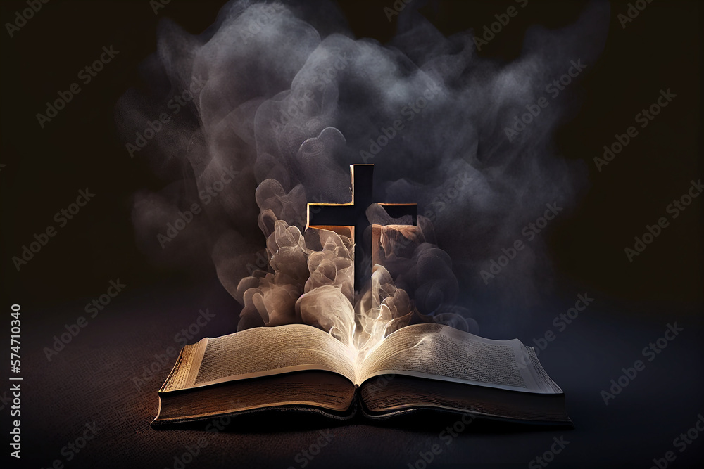 Open bible cross with ray of light and smoke. christian religion ...