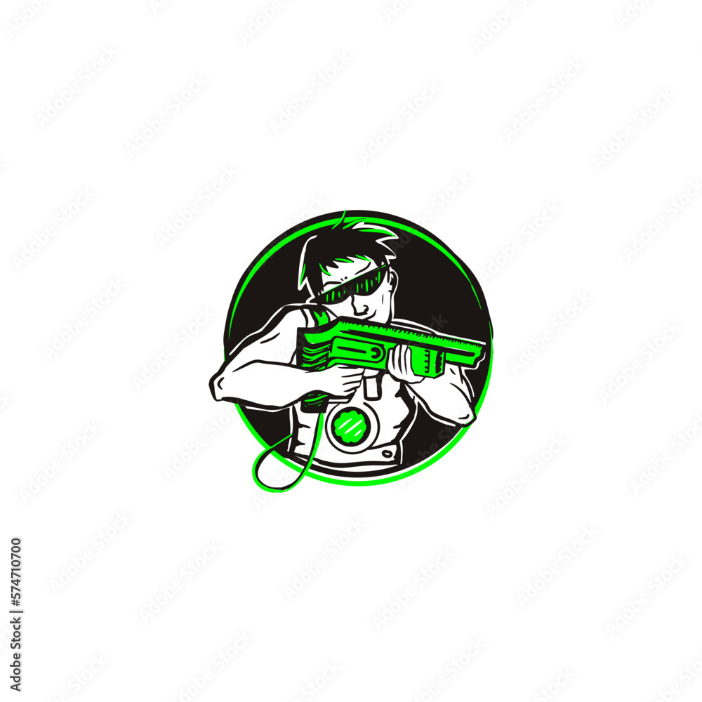 laser tag logo symbol. A tough guy wearing a vest and playing a laser ...