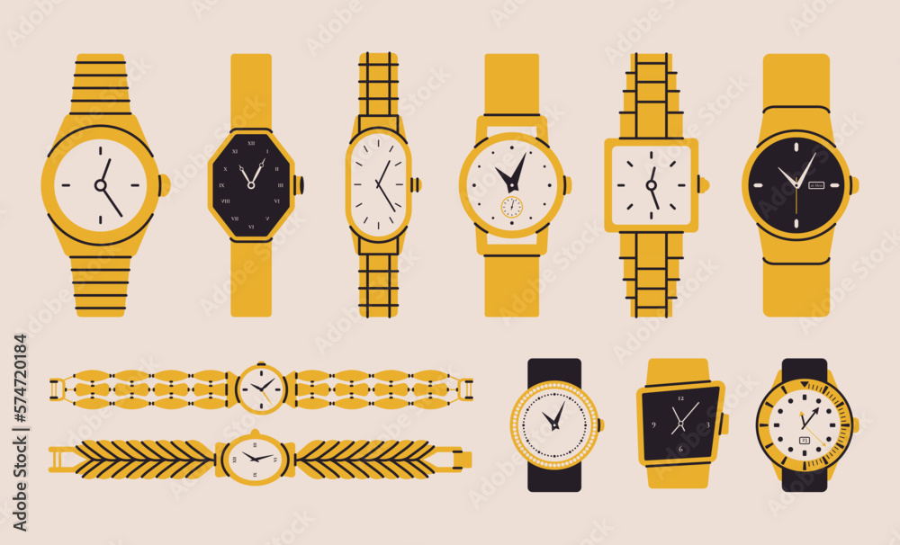 Golden watches. Classic wristwatch gold leather straps, luxury ...