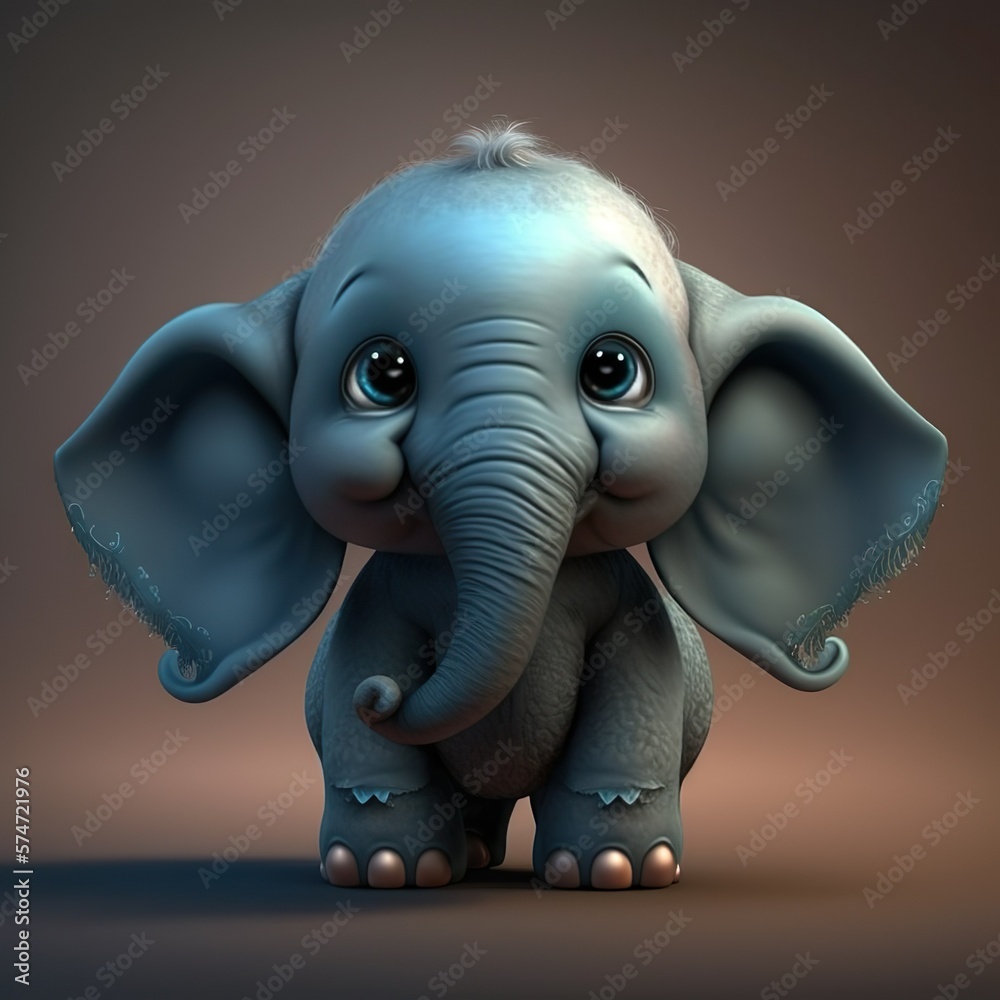 3d render cute little elephant full body iillustration shiny and fluffy ...