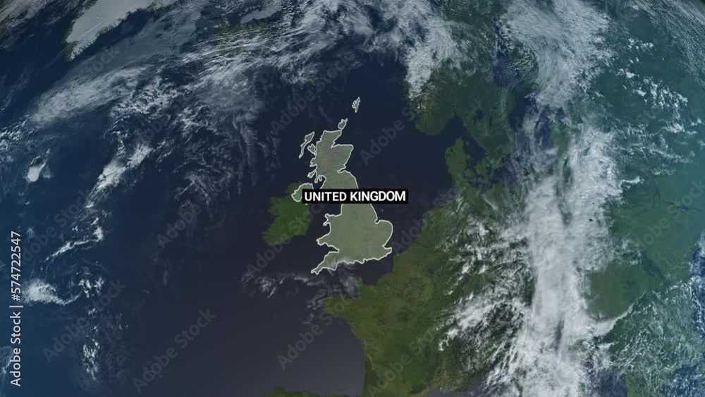 United Kingdom map, zooming in from the space through a 4K photo real ...