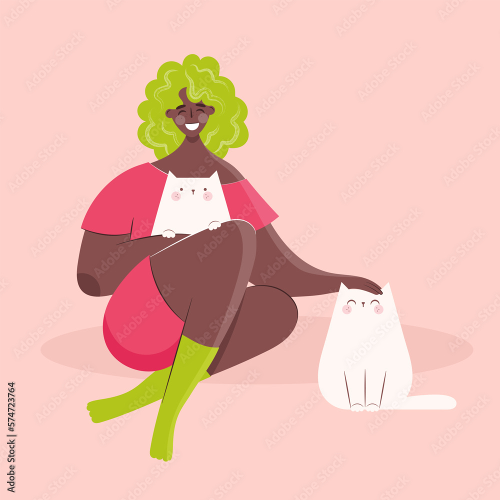 Happy black woman with cats . Female holding cat and petting them. Pet ...