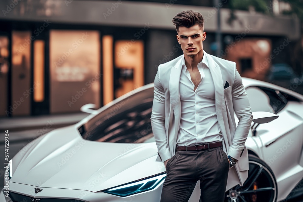 Incredibly rich and attractive young millionaire man in white posing in ...