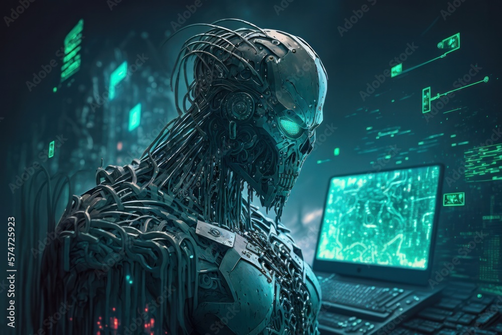 AI cyborg hacker neural network sci-fi character. Analyses your big data personal banking ...