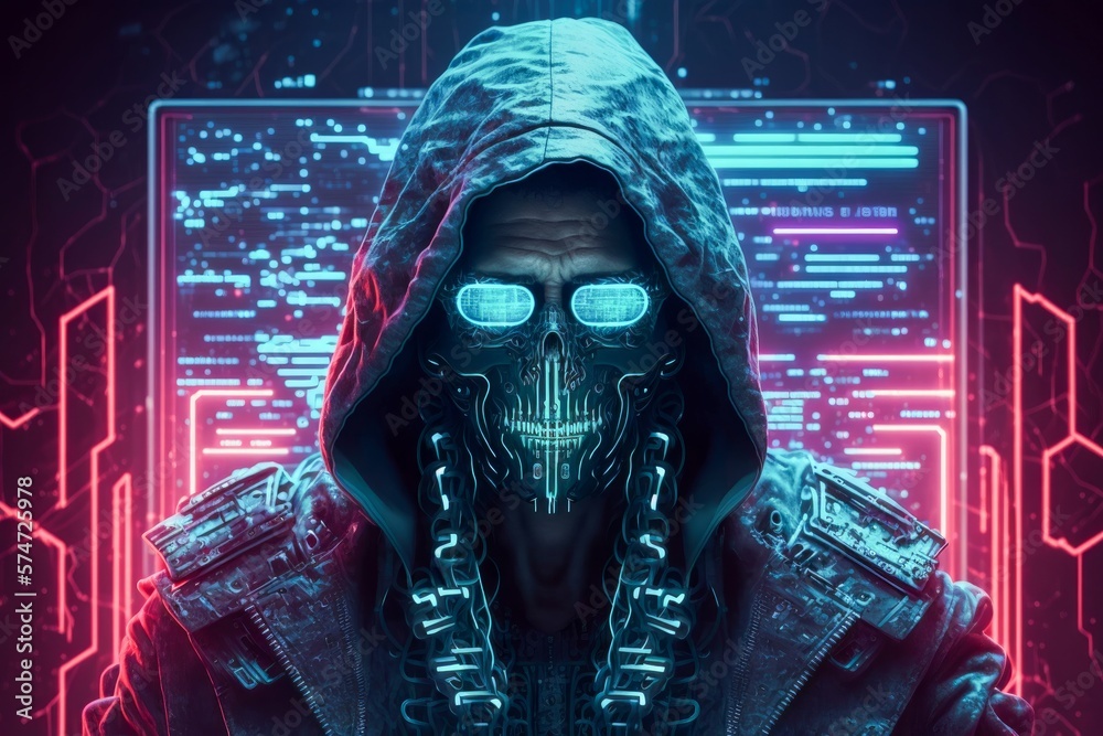 AI cyborg hacker neural network wears hooded cloak. Analyses your big data personal banking ...