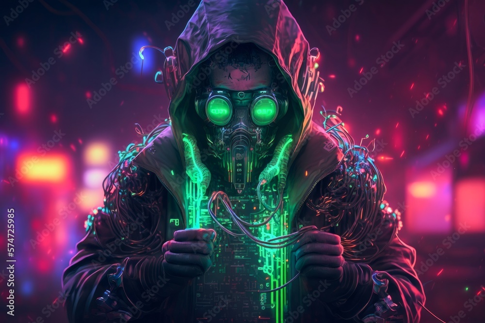 AI cyborg hacker neural network wears hooded cloak. Analyses your big data personal banking ...