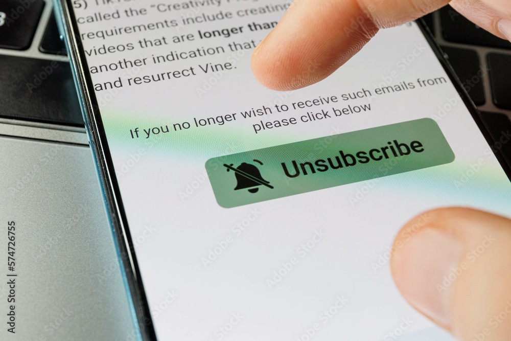Unsubscribe button on smartphone. Unsubscribe of newsletters Stock ...