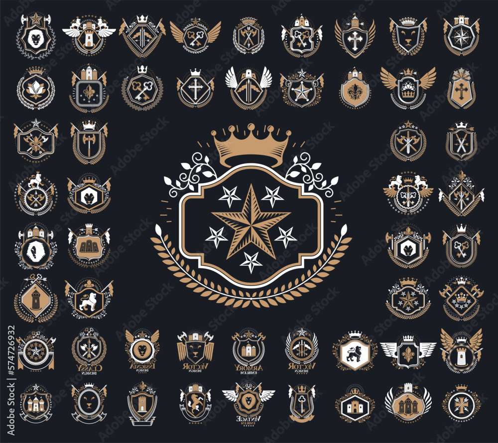 Vintage heraldic emblems vector big set, antique heraldry symbolic ...