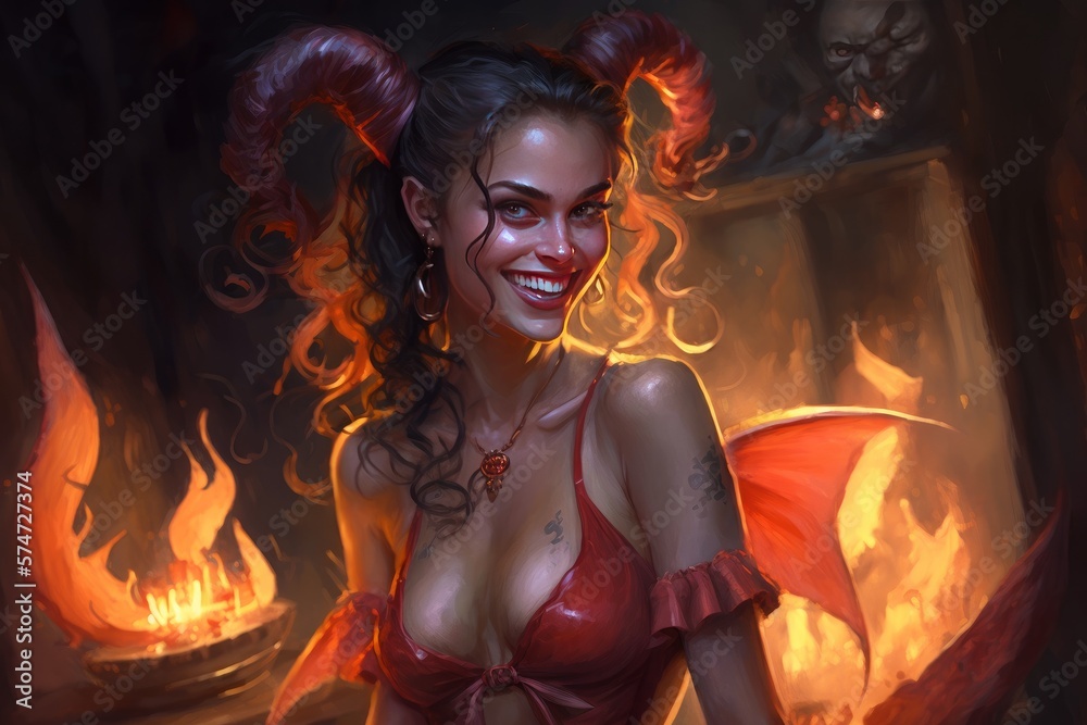 Young attractive horned devil daemon succubus brunette girl. Smile. Hellfire on the background ...