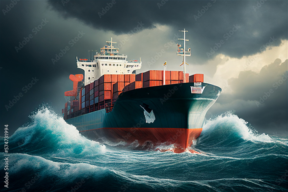 Cargo Container ship at the ocean storm and waves, supply chain ...