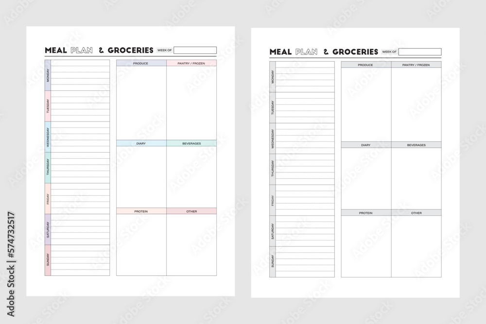 Vector Template Meal Plan, Weekly Meal Planner, Grocery List Inserts ...