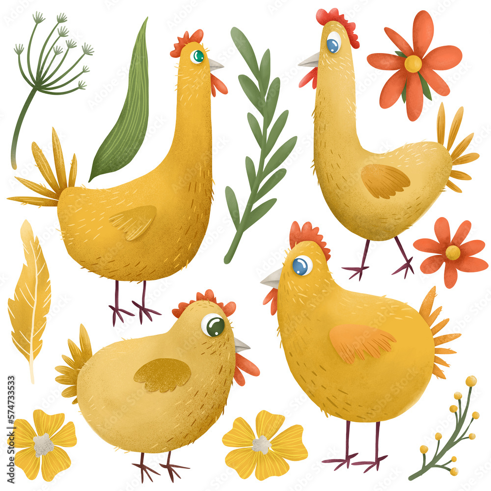 Collection of cute cartoon chickens and flowers isolated on transparent ...