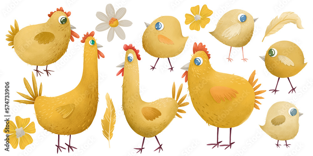 Collection of cute hens and chickens isolated on transparent background ...