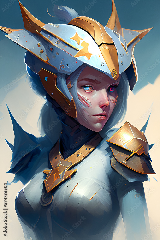 Digital illustration of a female knight with helmet and armor in ...