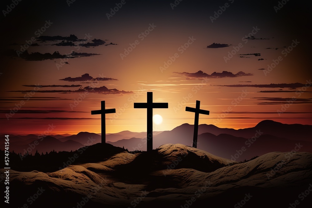 Three Crosses On A Hill At Sunset