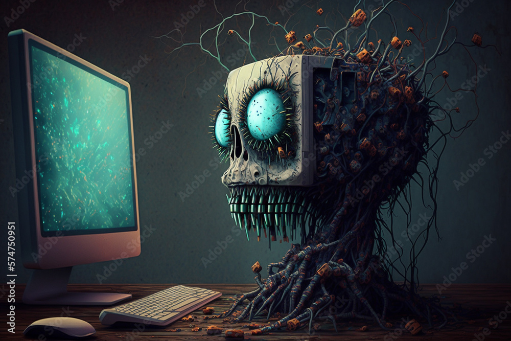 monster android in front of a computer, a machine learning concept ...