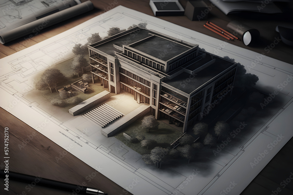 3d modelled building pops up over the 2 dimensional floor plan drawing ...