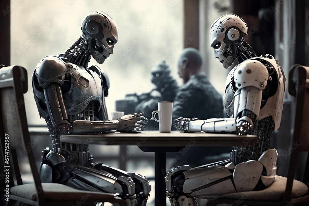 Two Humanoid Robot AI Friends Sitting Together at a Table in a ...