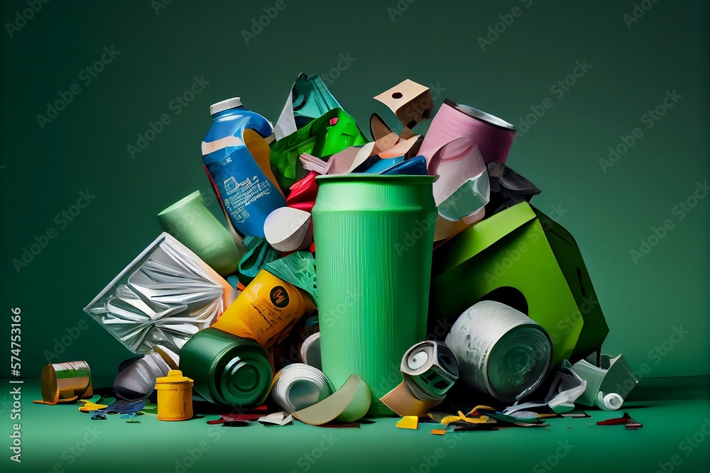 Pile of recyclable materials on green background, plastic bottles, cans ...