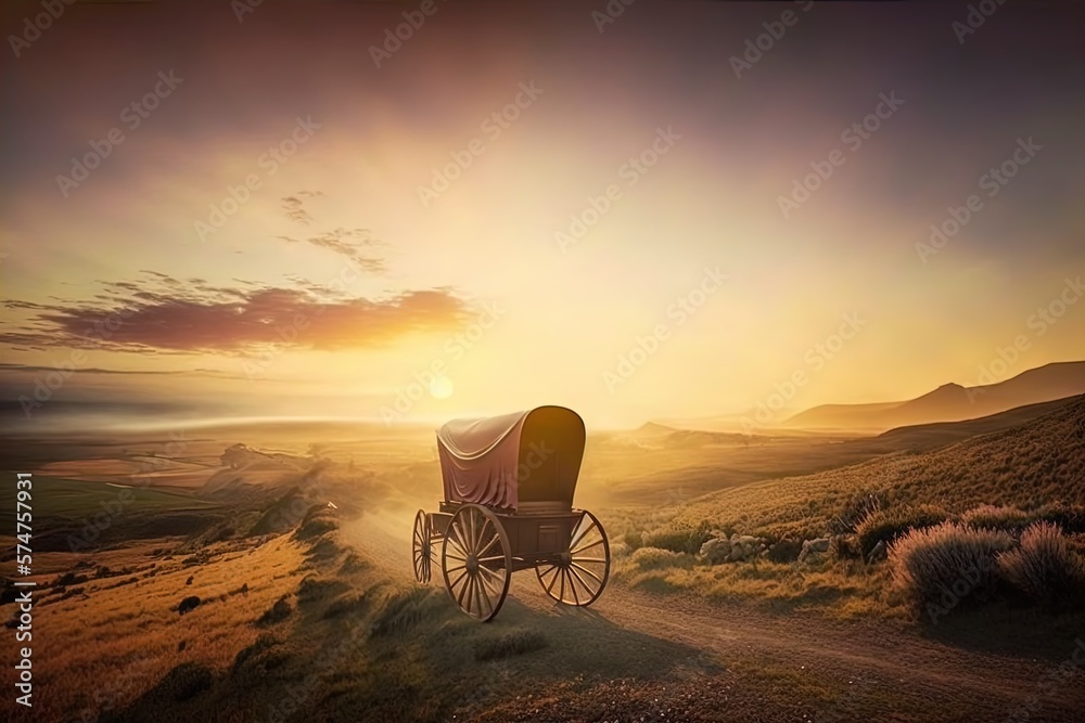 A horse and wagon on a trail in the old West. Cowboy movie. A horse and ...