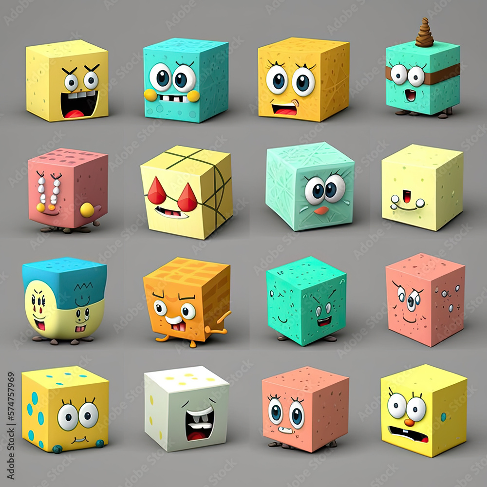 a sprite pack for a 2d game. The main character is a cube, generative ...