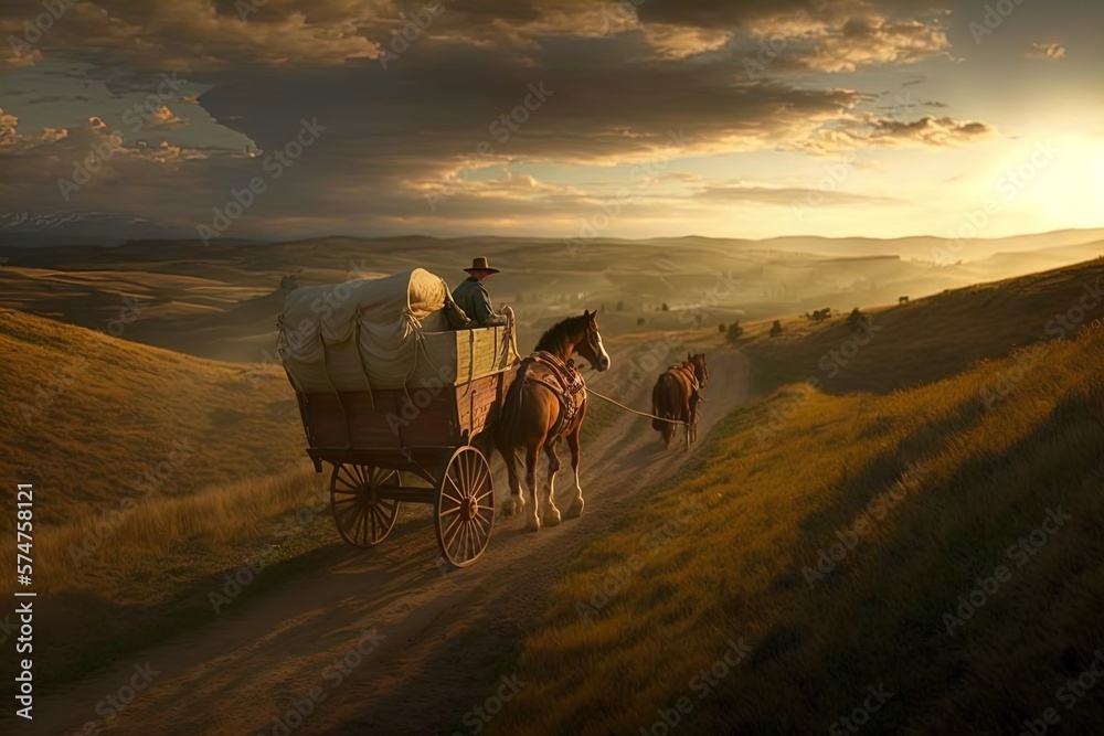 A horse and wagon on a trail in the old West. Cowboy movie. A horse and ...