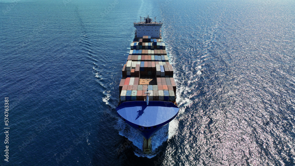 Aerial drone ultra wide panoramic photo of container tanker ship ...