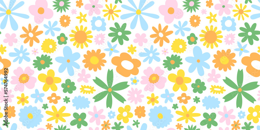 Colorful retro flower bed seamless pattern. Vintage scandinavian art ...