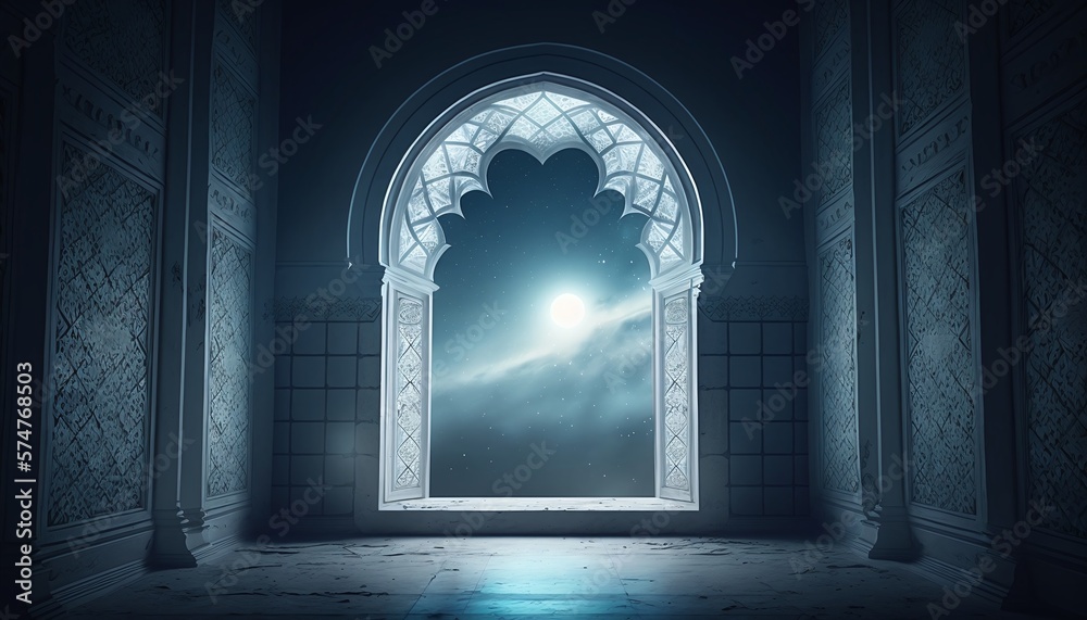 Ramadan Islamic mosque interior moonlight shines through the window ...