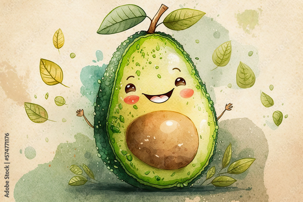 Watercolor cute smiling avocado cartoon character Stock Illustration ...