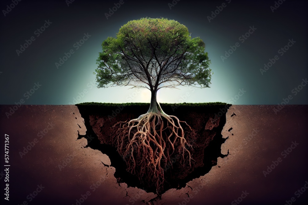 Fototapeta The underground world of the tree roots system is a complex ...