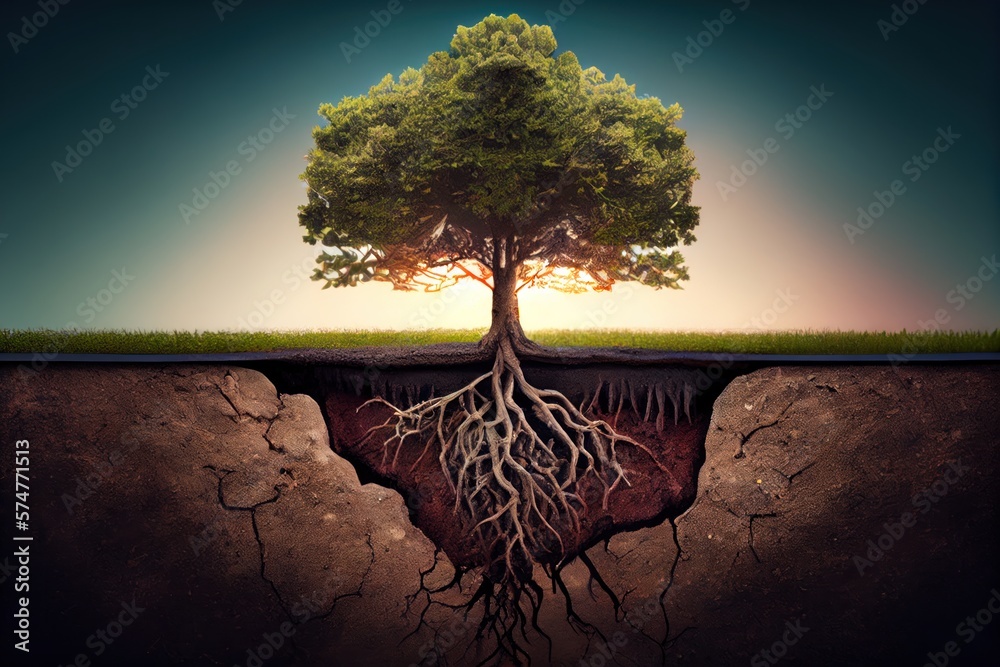 Tree with root system going deep into the ground, soil cross ...