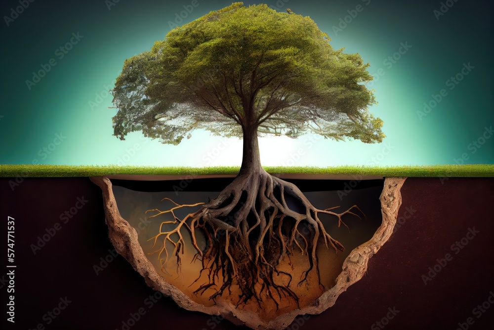 Tree with root system going deep into the ground, soil cross ...