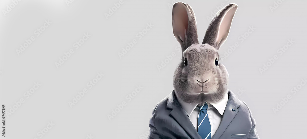 Rabbit in a business suit and tie on a white background. Banner. place ...