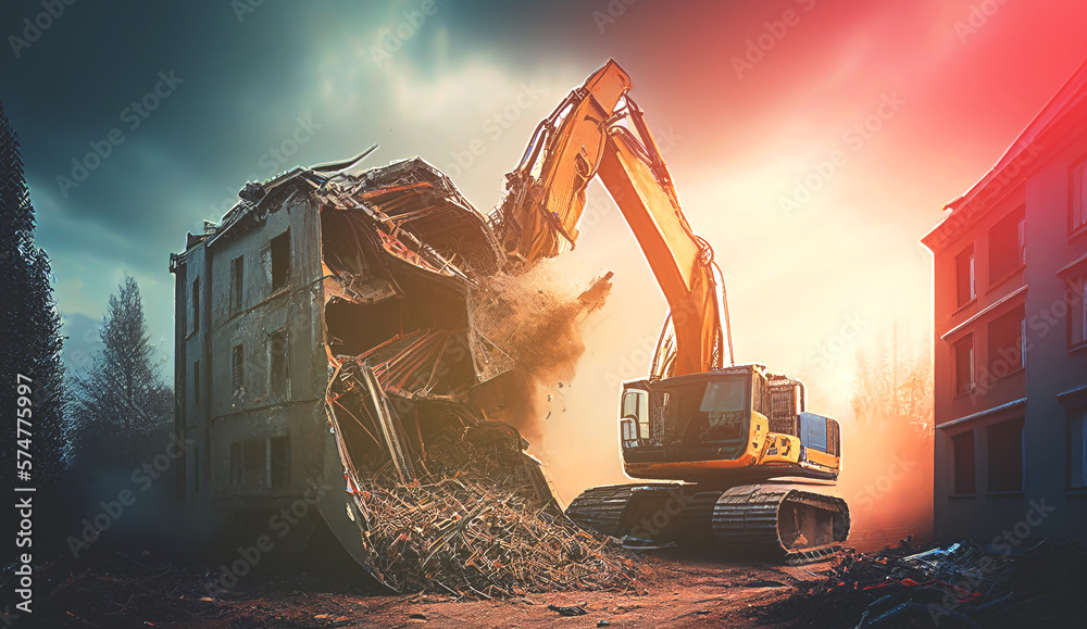Building demolition work. Excavator on construction site. Futuristic ...