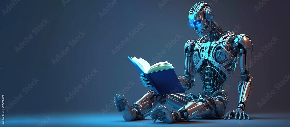 Robotic cyborg pressing. robot is sitting and reading a book ...