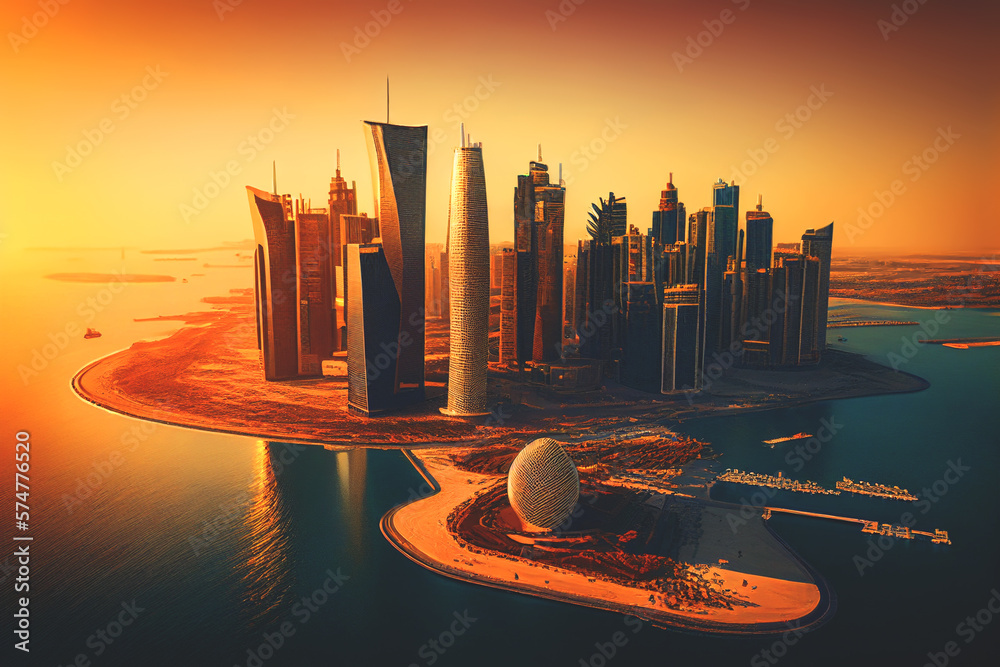 Doha, qatar on sunset, aerial view. Qatar skyline sunset. Cityscape ...