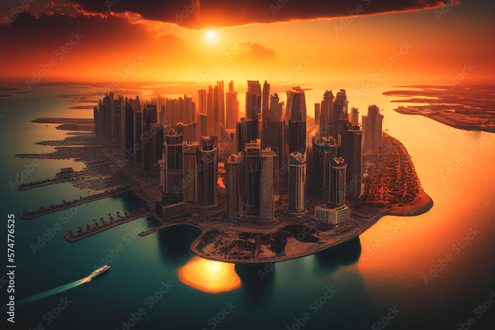 Doha, qatar on sunset, aerial view. Qatar skyline sunset. Cityscape ...