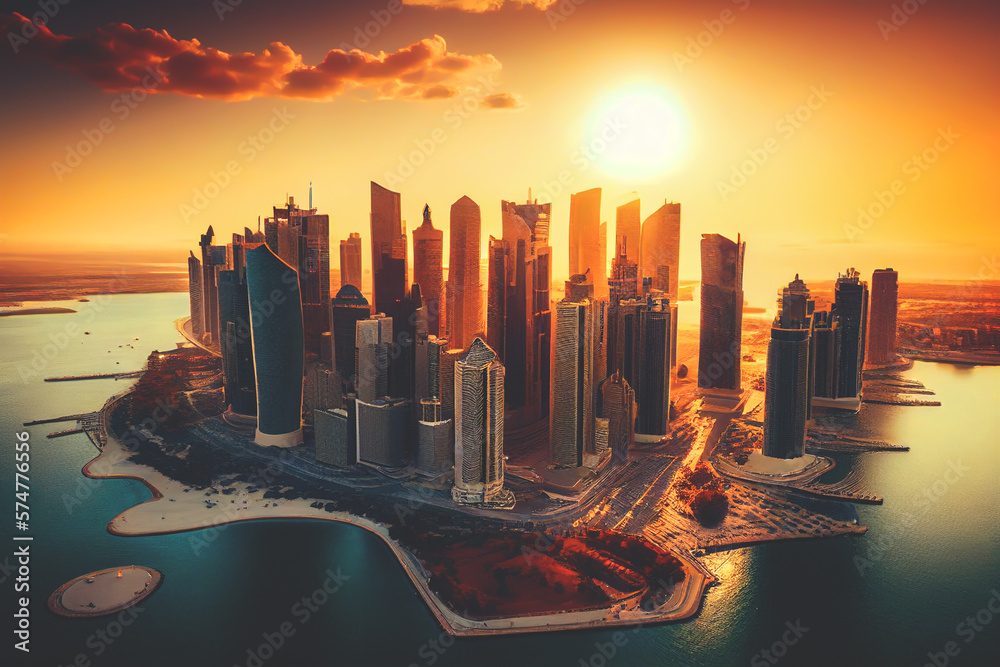 Doha, qatar on sunset, aerial view. Qatar skyline sunset. Cityscape ...