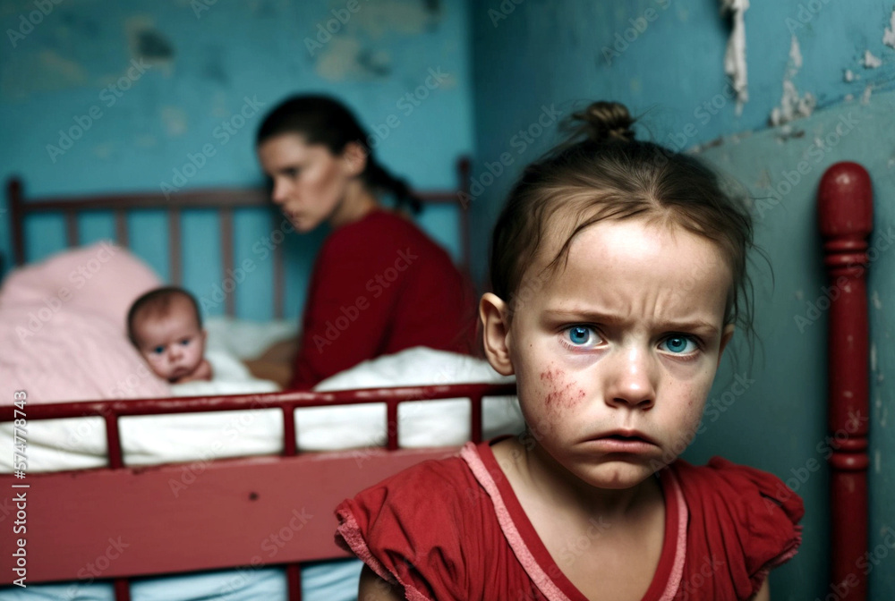sad child lives in a small room with mom and a baby, little girl in ...