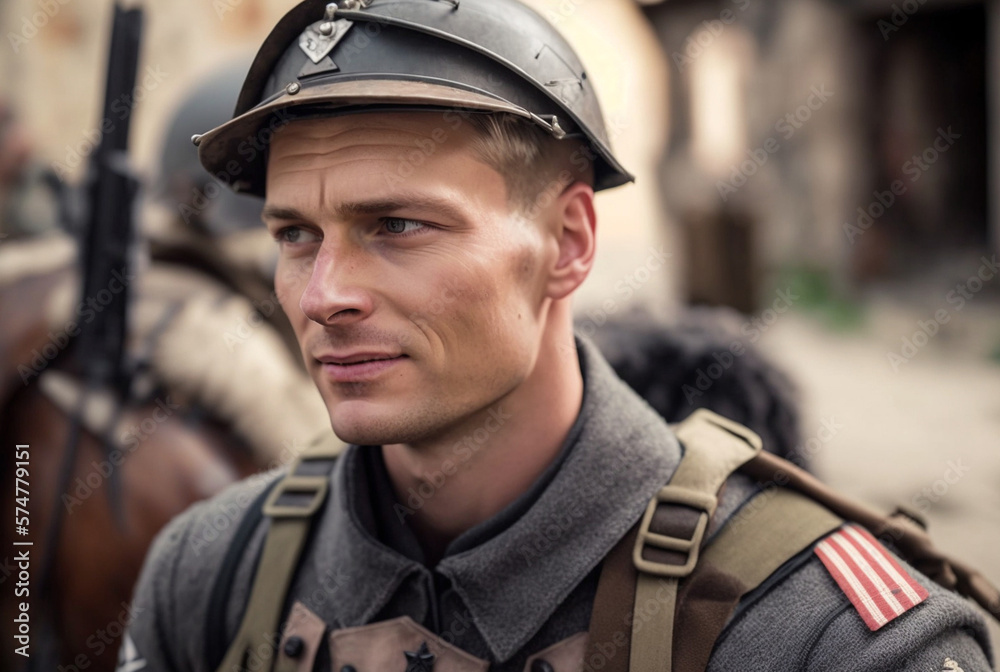 ภาพประกอบสต็อก A brave soldier stands tall in full military uniform ...