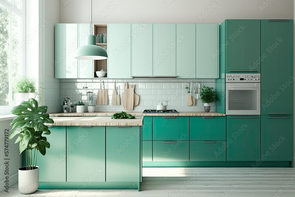 Modern kitchen design with green cabinets and wooden counter. vertical ...